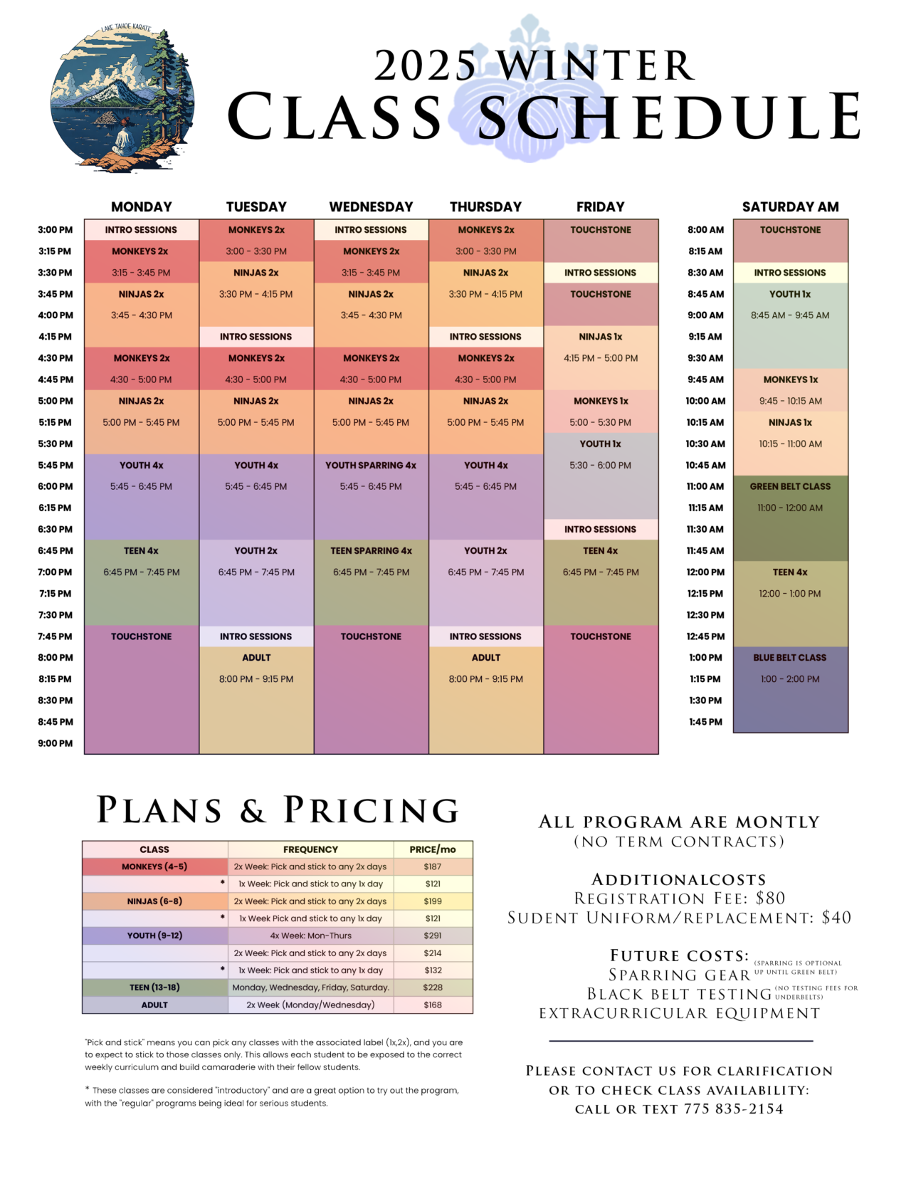 Current Schedule & Pricing | Lake Tahoe Karate